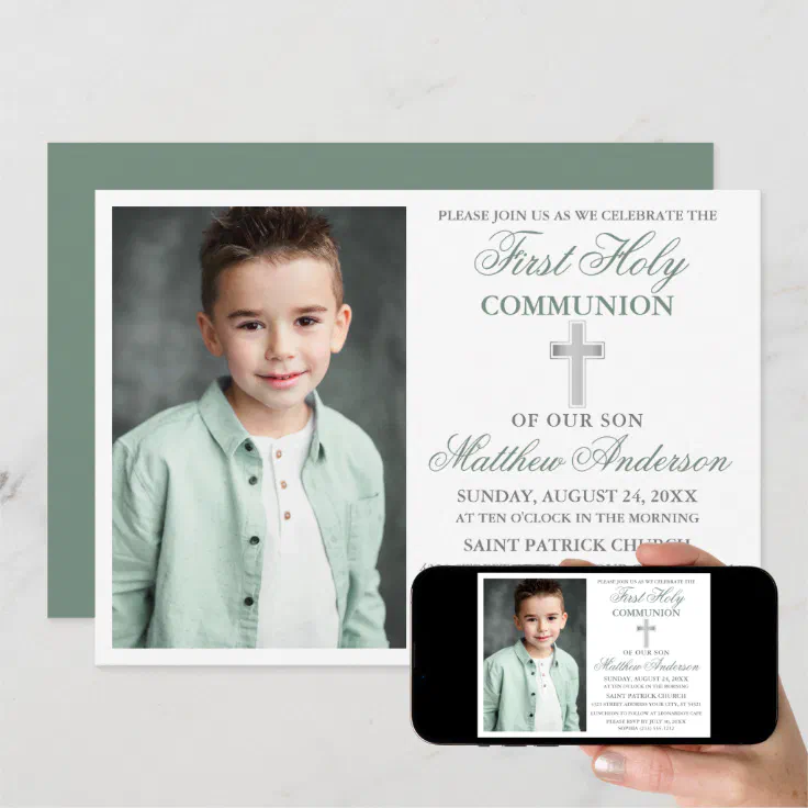 First Holy Communion Photo Sage Green Silver Invitation | Zazzle