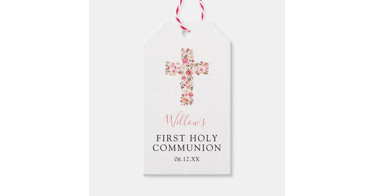 First Holy Communion Pink Floral Cross Favor Gift Tags | Zazzle