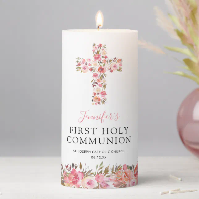 First Holy Communion Pink Floral Cross Pillar Candle | Zazzle