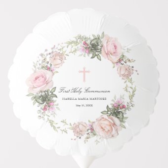 First Holy Communion Pink Rose Floral Cross Balloon | Zazzle