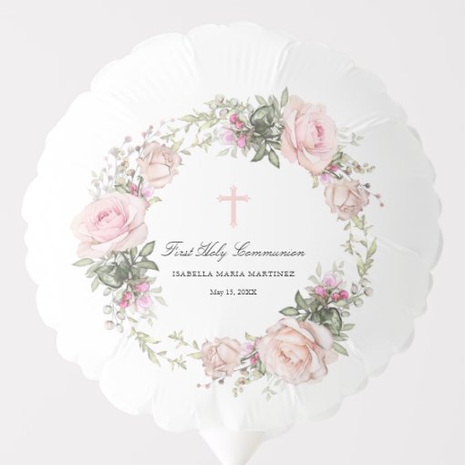 First Holy Communion Pink Rose Floral Cross Balloon | Zazzle