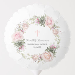 First Holy Communion Pink Rose Floral Cross Balloon | Zazzle