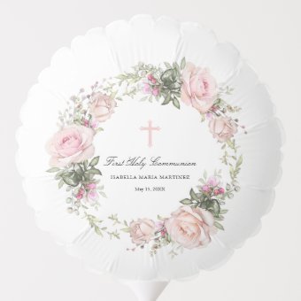 First Holy Communion Pink Rose Floral Cross Balloon | Zazzle