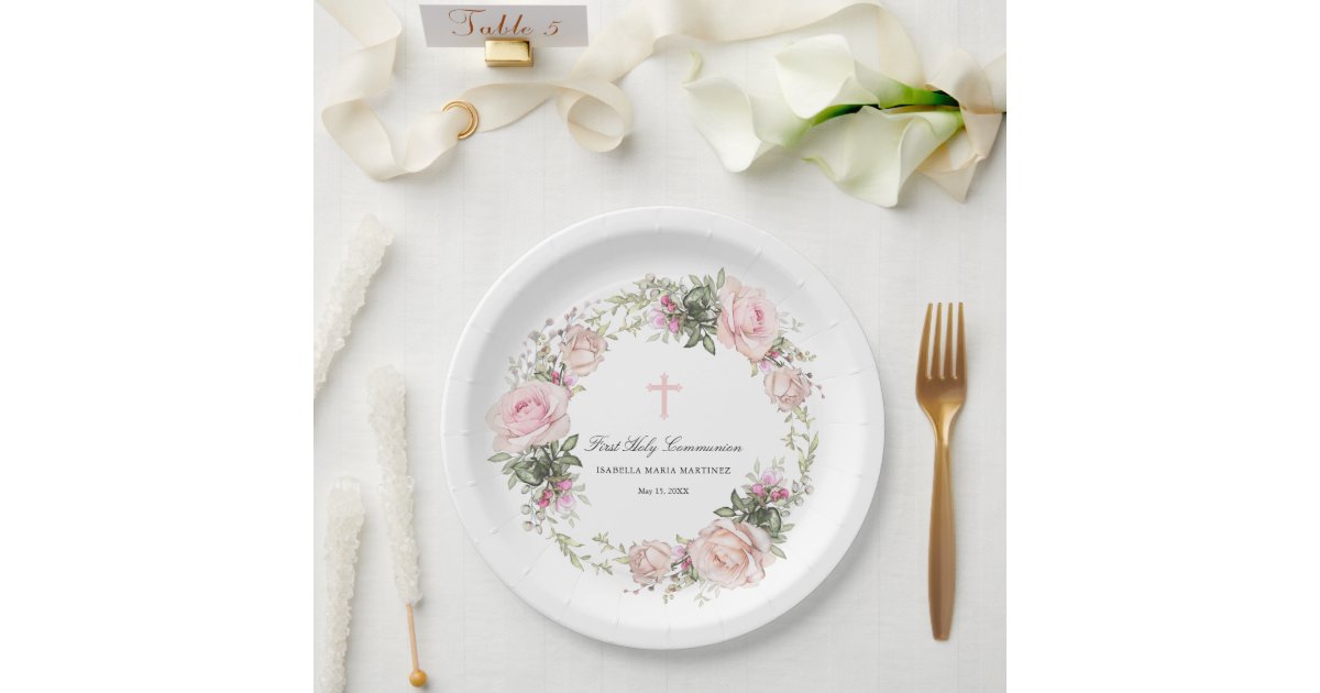 First Holy Communion Pink Rose Flower Cross Paper Plates | Zazzle