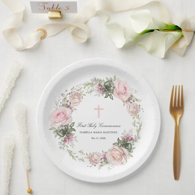 First Holy Communion Pink Rose Flower Cross Paper Plates | Zazzle