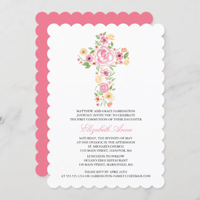 First Holy Communion Pink Watercolor Flower Cross Invitation | Zazzle