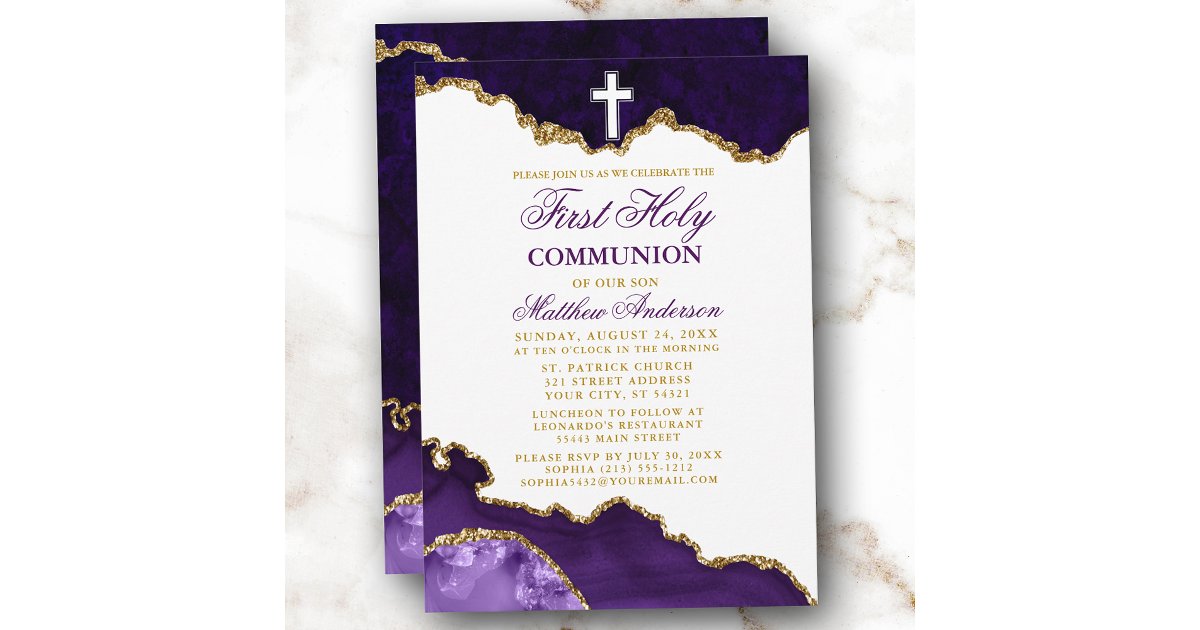First Holy Communion Purple Gold Marble Geode Invitation | Zazzle