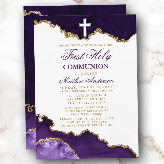 First Holy Communion Purple Gold Marble Geode Invitation | Zazzle