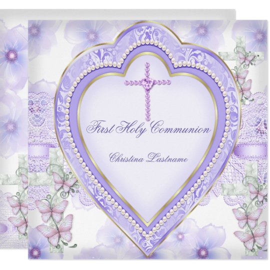 First Holy Communion Purple Pink Heart Girl 2 Invitation | Zazzle.com