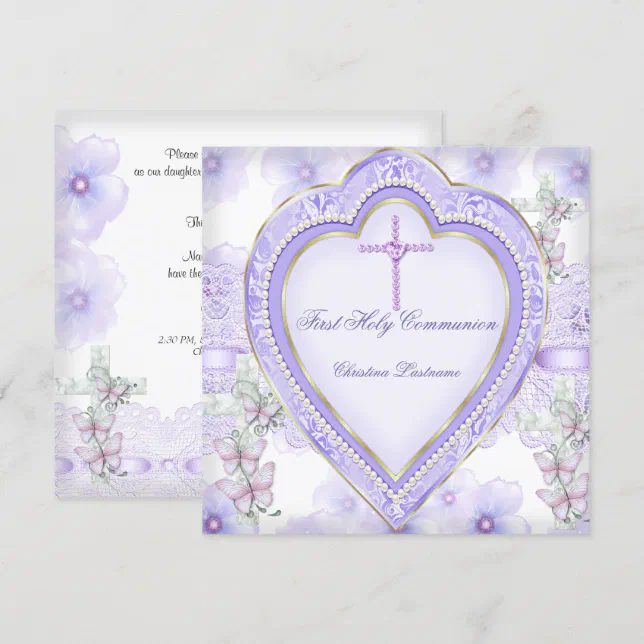 First Holy Communion Purple Pink Heart Girl 2 Invitation | Zazzle