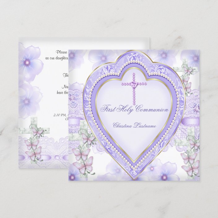 First Holy Communion Purple Pink Heart Girl 2 Invitation | Zazzle.com