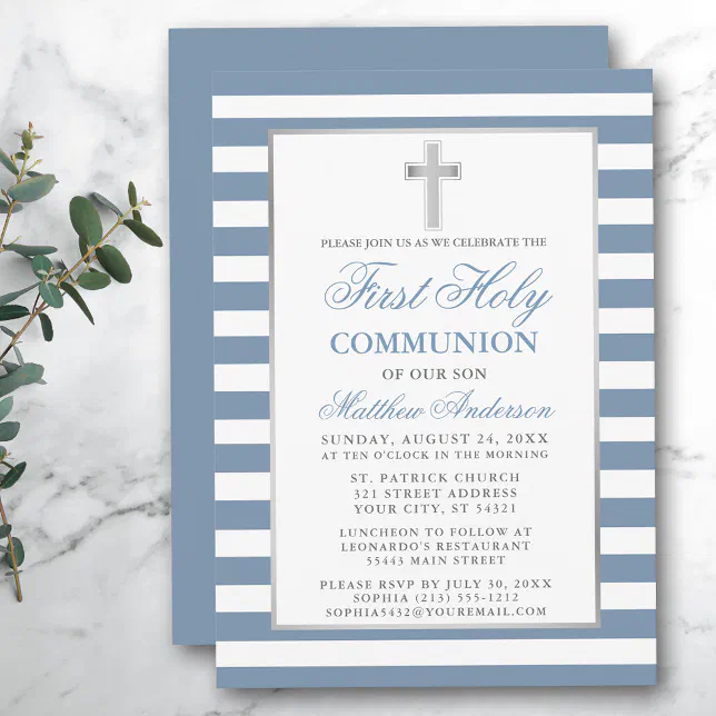First Holy Communion Silver Dusty Blue Striped Invitation | Zazzle