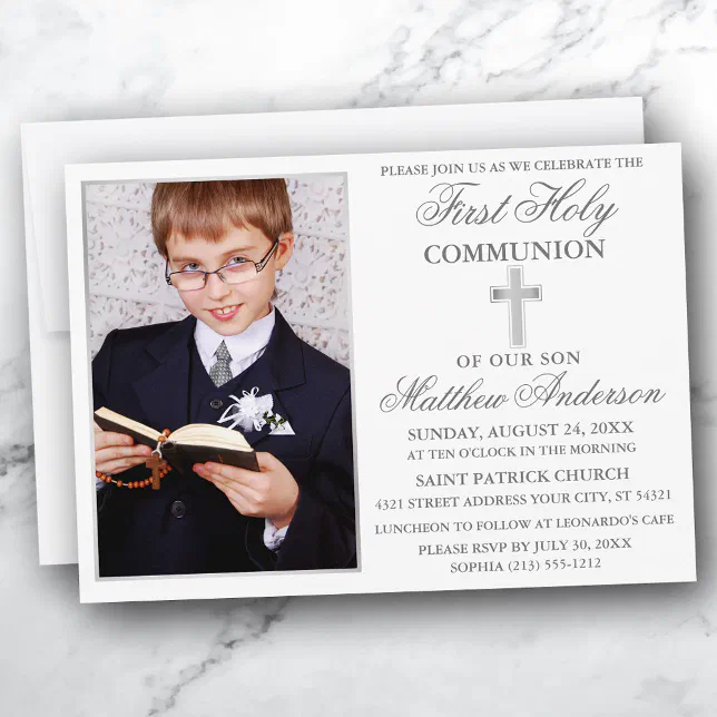 First Holy Communion Silver Frame Photo Invitation | Zazzle