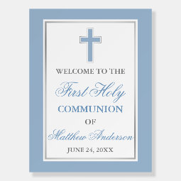 First Holy Communion Silver Light Blue Welcome Foam Board | Zazzle