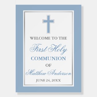 First Holy Communion Silver Light Blue Welcome Foam Board | Zazzle