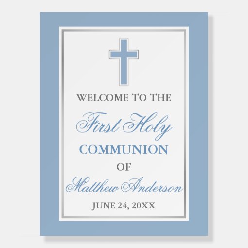 First Holy Communion Silver Light Blue Welcome Foam Board | Zazzle