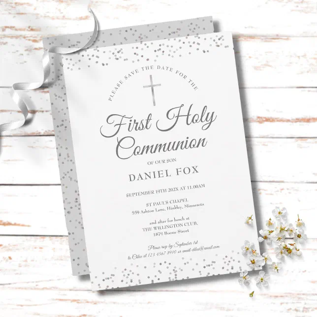 First Holy Communion Silver Stardust Save The Date | Zazzle