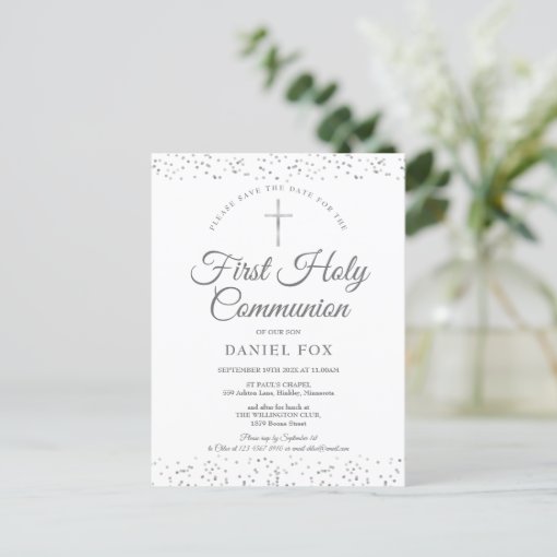 First Holy Communion Silver Stardust Save The Date Announcement ...
