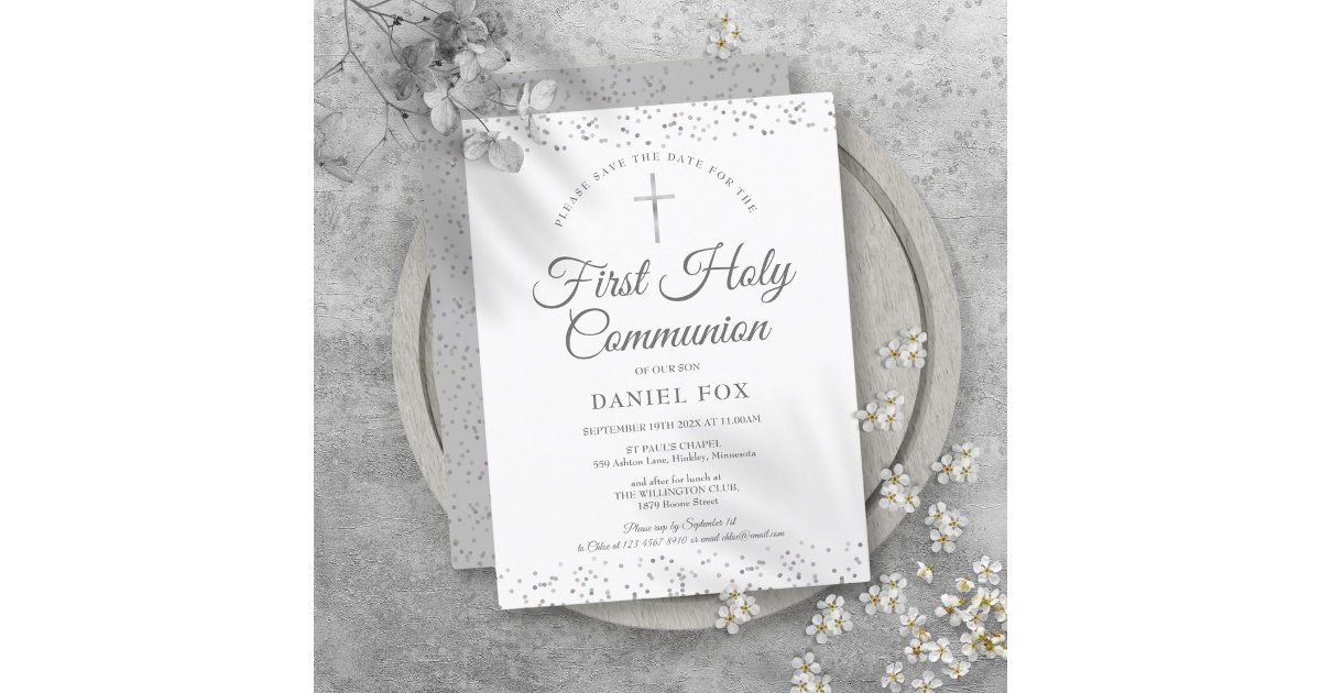 First Holy Communion Silver Stardust Save The Date Announcement ...