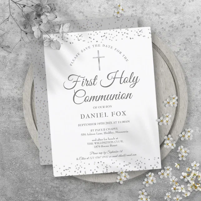 First Holy Communion Silver Stardust Save The Date Announcement ...