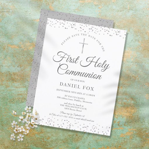 First Holy Communion Silver Stardust Save The Date Announcement ...
