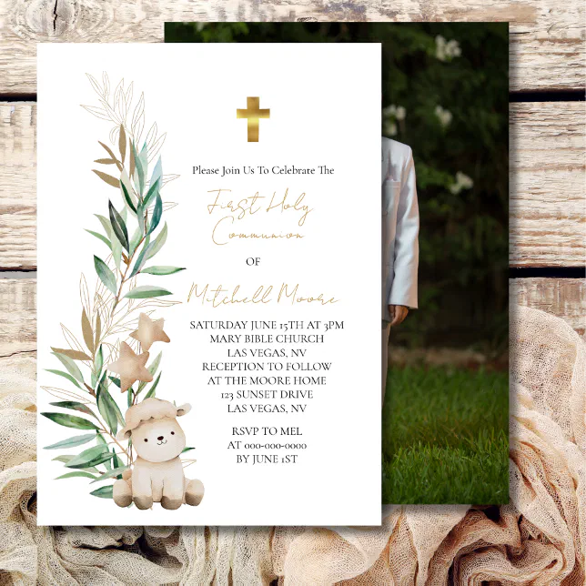 First Holy Communion Sweet Little Lamb Greenery Invitation | Zazzle