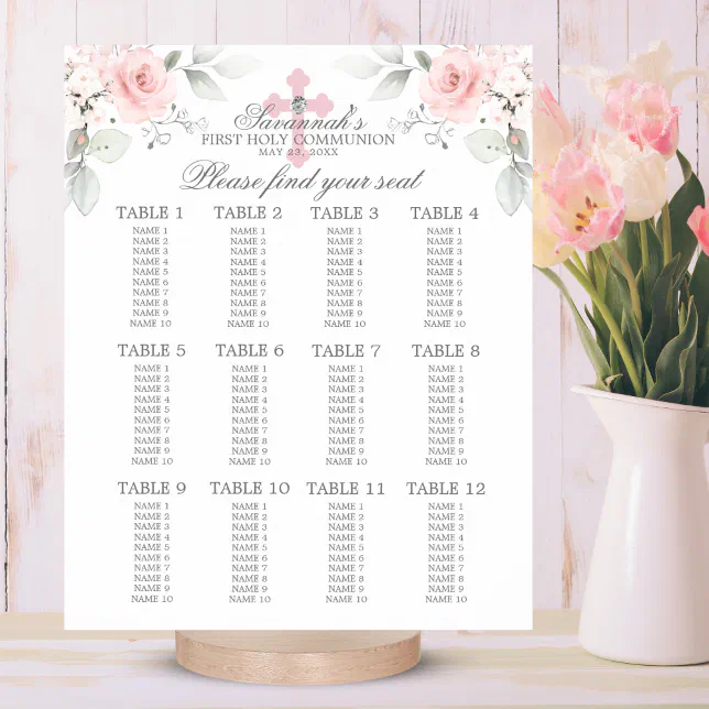 First Holy Communion Table chart Pink Rose Girl | Zazzle