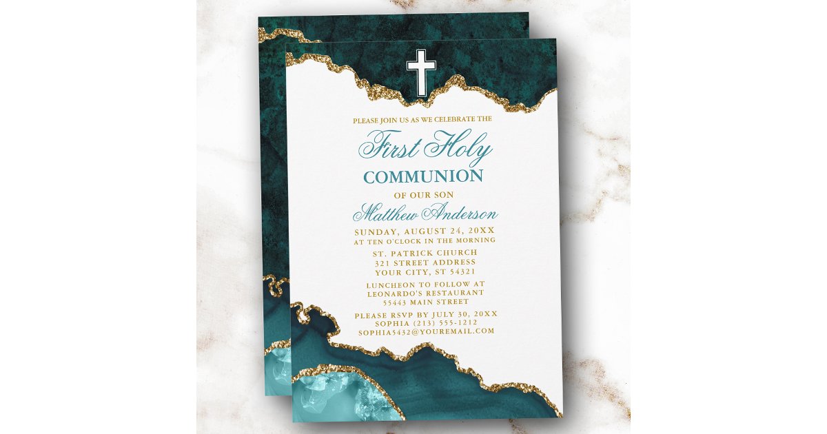First Holy Communion Teal Gold Marble Geode Invitation | Zazzle