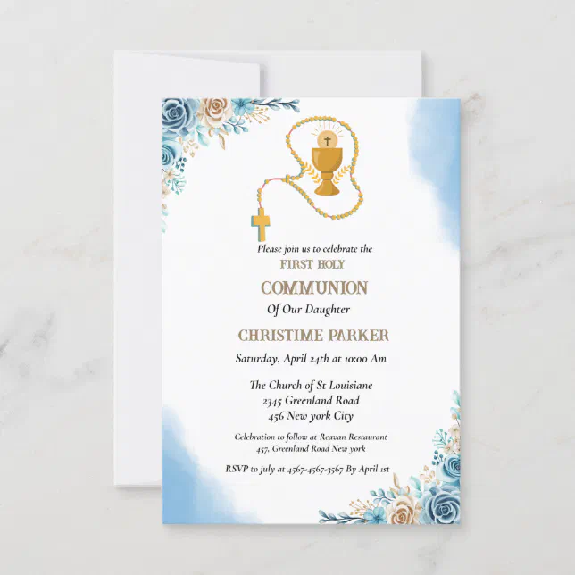 First holy communion watercolor blue splash floral invitation | Zazzle