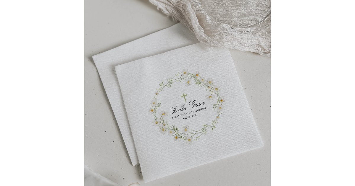 First Holy Communion White Daisy Floral Custom Napkins | Zazzle