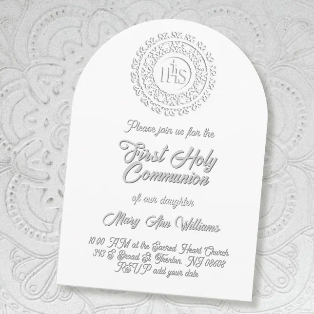 First Holy Communion white grey shadow text Invitation | Zazzle