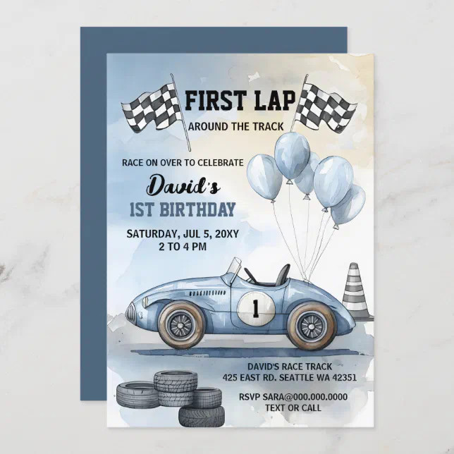 First Lap Around the Track Blue Race Car Birthday Invitation | Zazzle