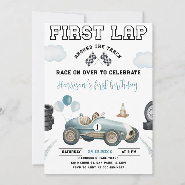 First Lap Race Car Around The Track 1st Birthday Invitation | Zazzle