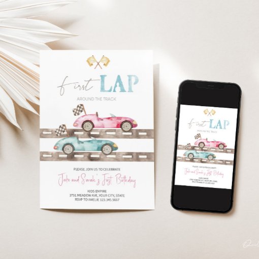 First Lap Race Car Twins Birthday Invitation | Zazzle