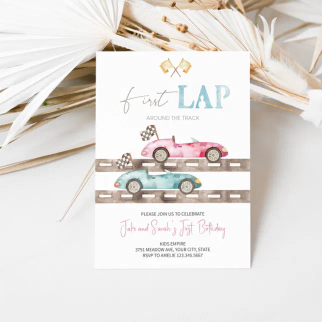 First Lap Race Car Twins Birthday Invitation | Zazzle