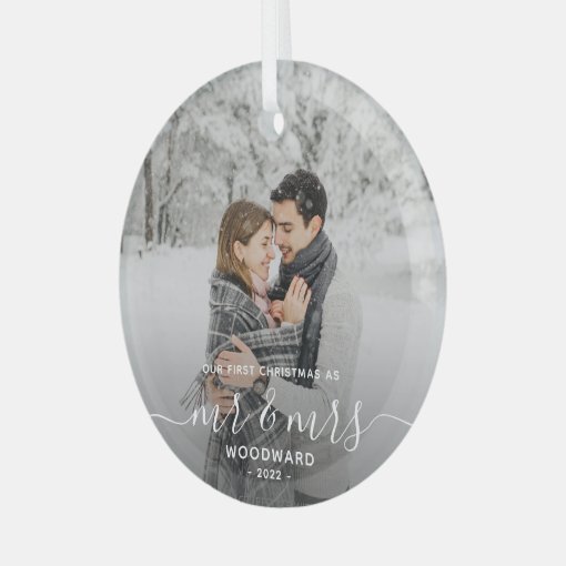 First Married Christmas Custom Photo White Script Glass Ornament | Zazzle