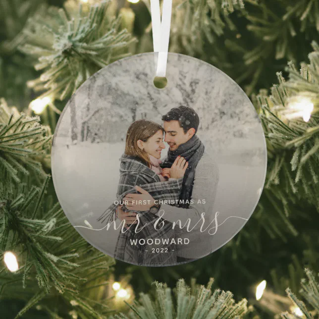First Married Christmas Custom Photo White Script Glass Ornament | Zazzle