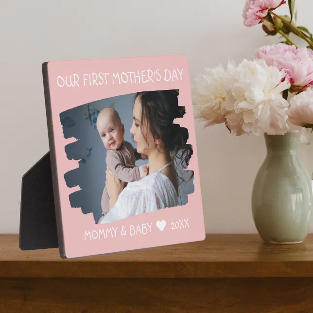 First Mothers Day New Mom Baby Photo Keepsake Pink Plaque | Zazzle