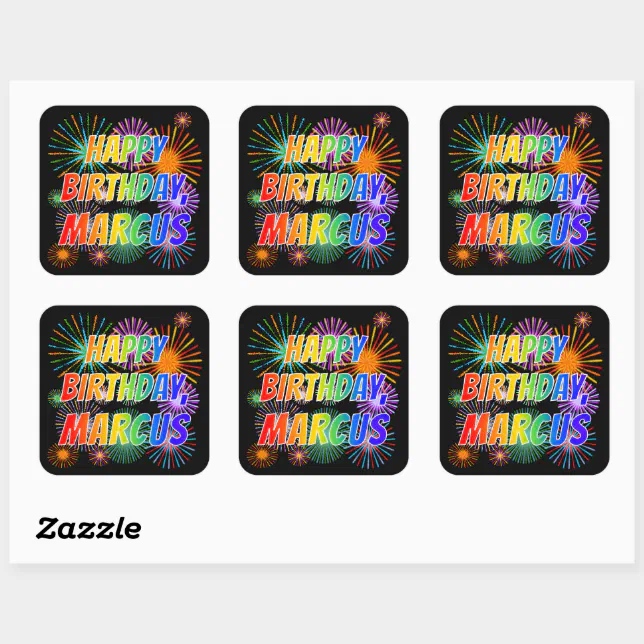 First Name "MARCUS", Fun "HAPPY BIRTHDAY" Square Sticker | Zazzle