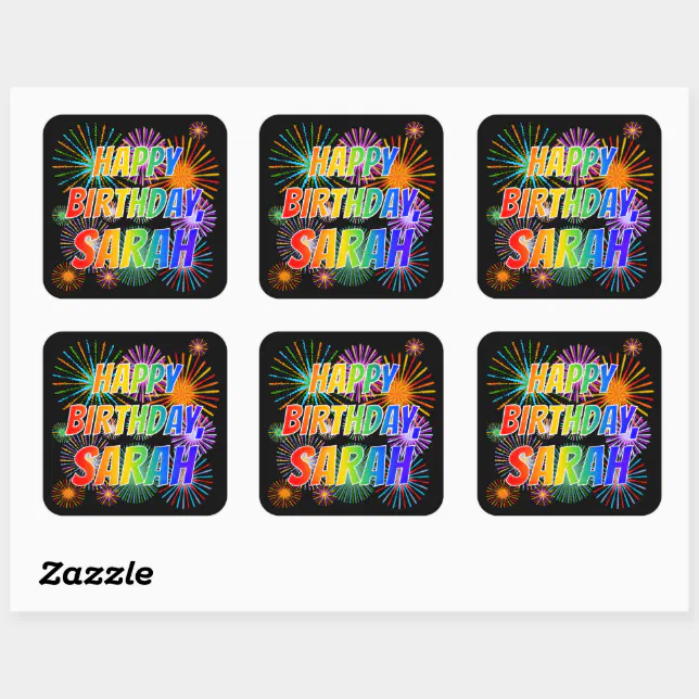 First Name "SARAH", Fun "HAPPY BIRTHDAY" Square Sticker | Zazzle