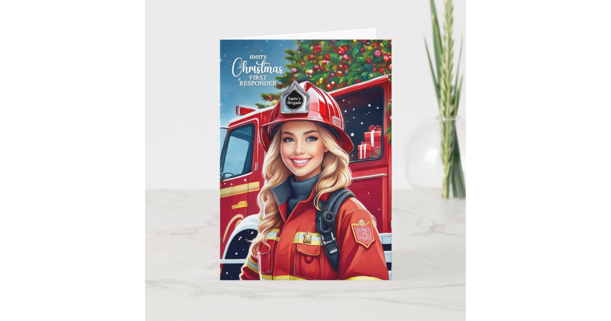 First Responder Female Firefighter Christmas Holiday Card | Zazzle