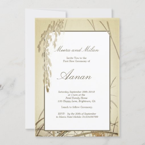 First Rice Ceremony Rice Plant Photo Gold Invitation | Zazzle