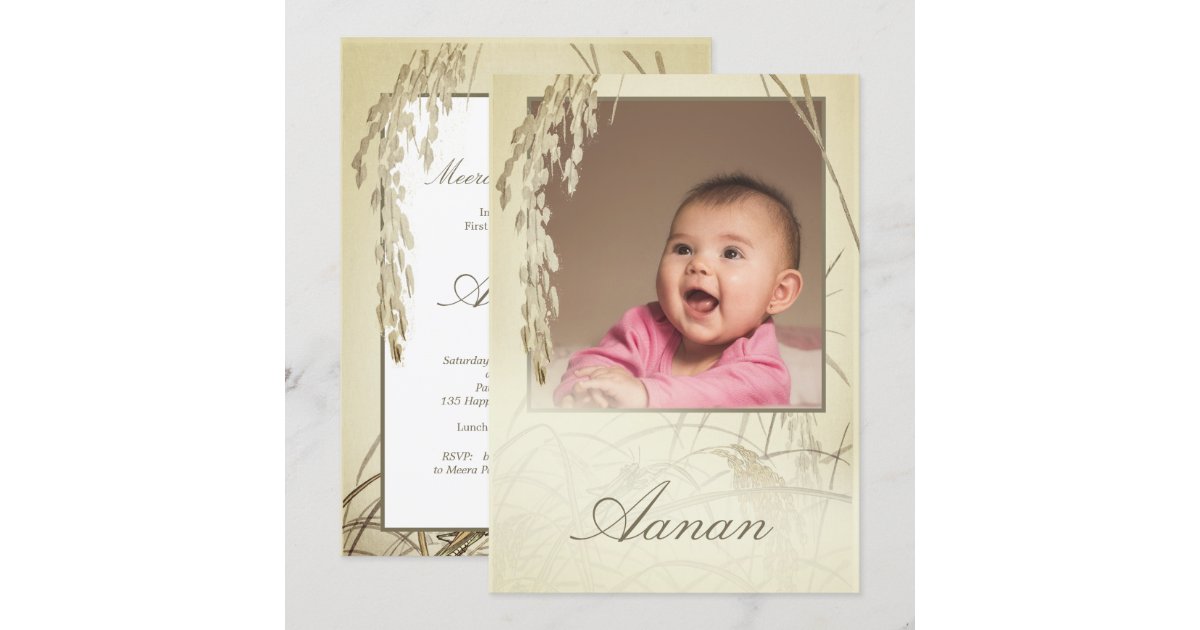 First Rice Ceremony Rice Plant Photo Gold Invitation | Zazzle