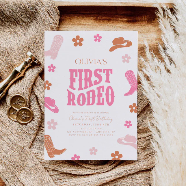 First Rodeo 1st Birthday Invitation Retro Cowgirl | Zazzle