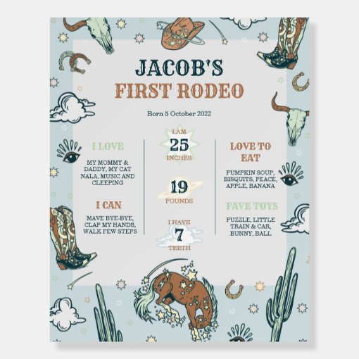 First Rodeo Cowboy 1st Birthday Milestones Sign | Zazzle