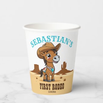 First Rodeo cowboy horse birthday party tableware Paper Cups | Zazzle
