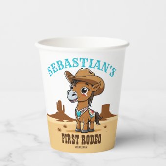 First Rodeo cowboy horse birthday party tableware Paper Cups | Zazzle