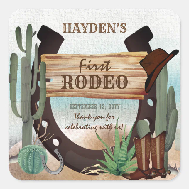 First Rodeo Cowboy Western Boy 1st Birthday Party Square Sticker | Zazzle
