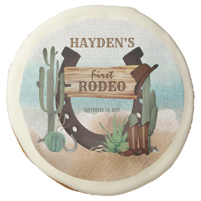First Rodeo Cowboy Western Boy 1st Birthday Party Sugar Cookie | Zazzle