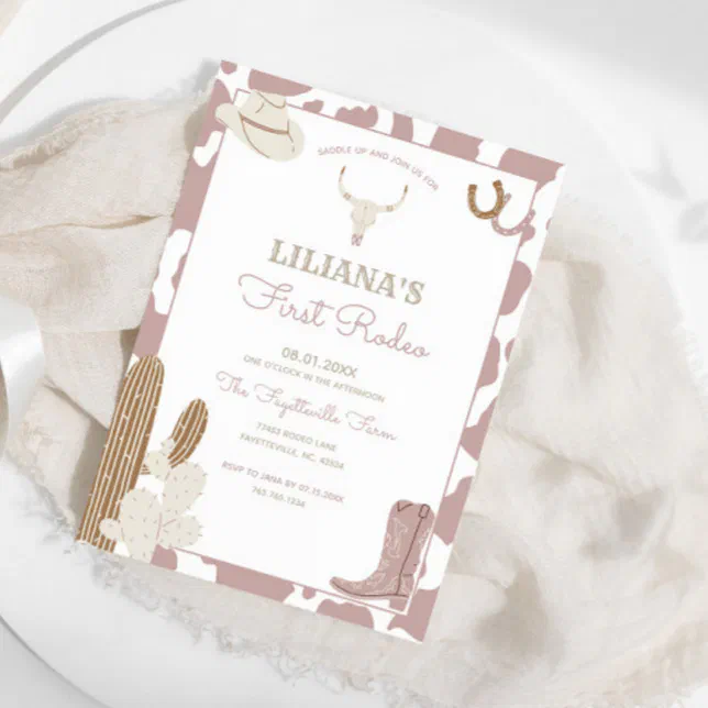 First Rodeo Cowgirl Birthday Cow Print Border Invitation | Zazzle